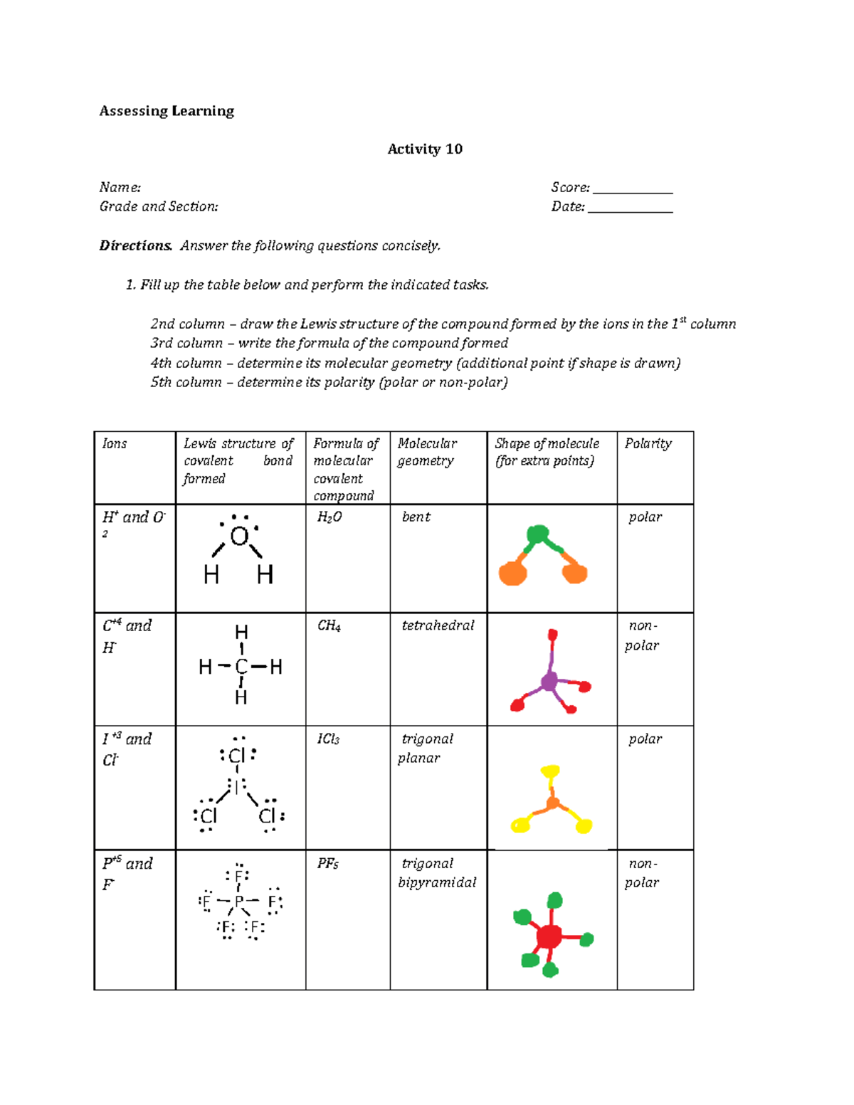 Lewis Structure Unitixassessing Learning - Assessing Learning Activity ...