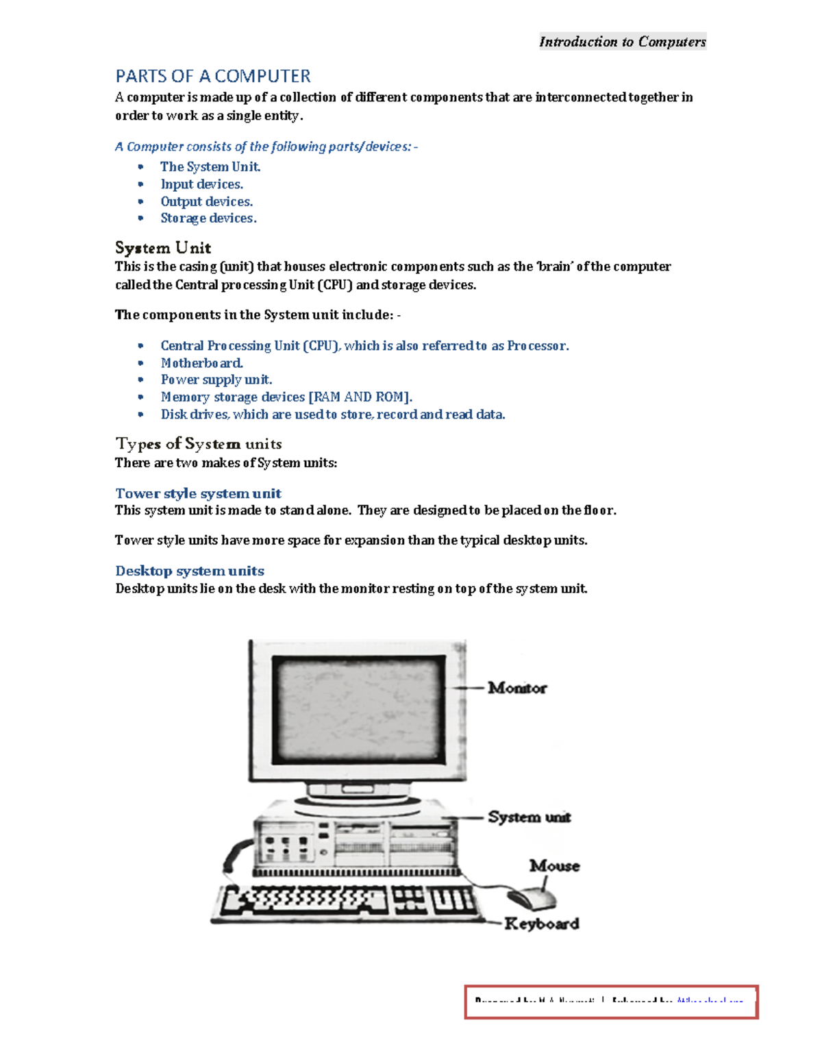 Edition 1 - Introduction to Computers PARTS OF A - Studocu