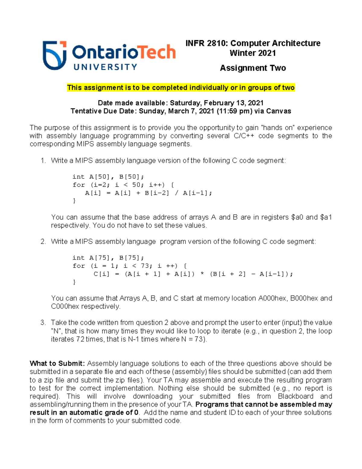 Infr2810 winter 2021 Assignment 2 - INFR 2810: Computer Architecture ...