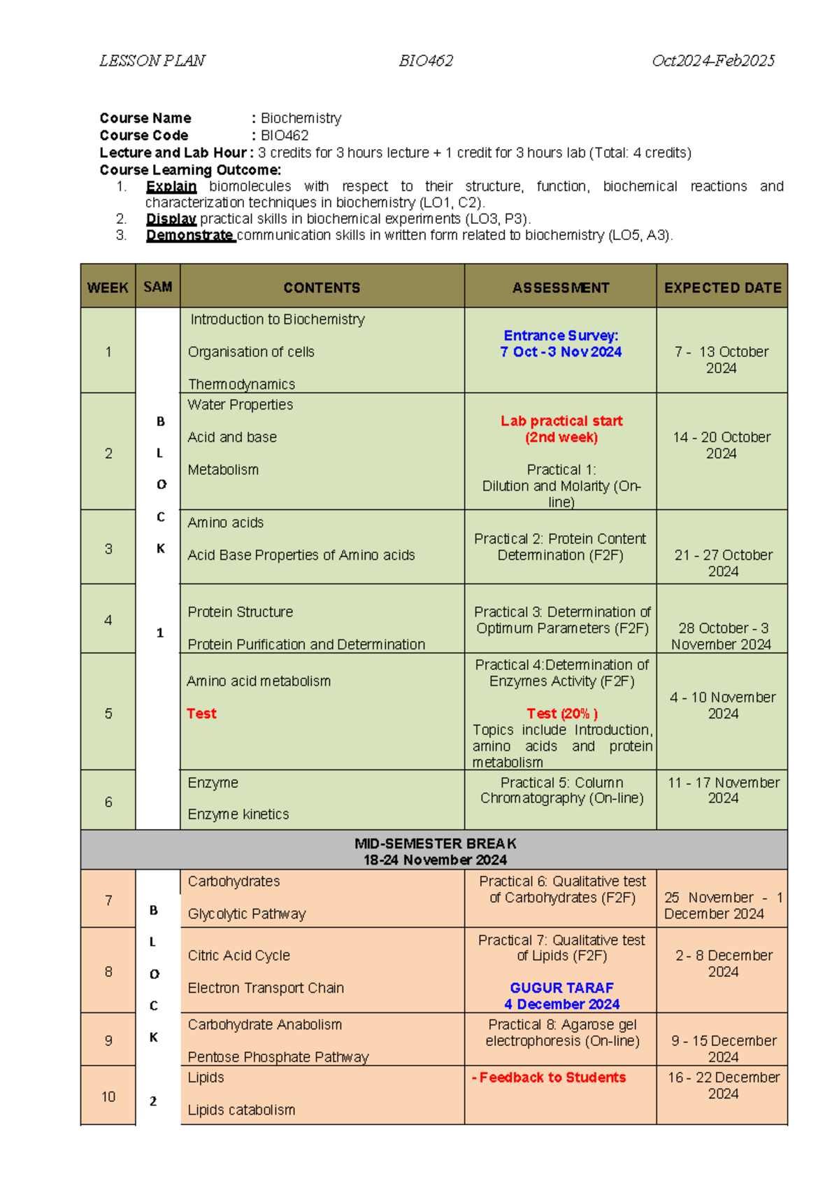 BIO462-Lesson Plan Oct24-Feb2025 - LESSON PLAN BIO462 Oct2024-Feb ...