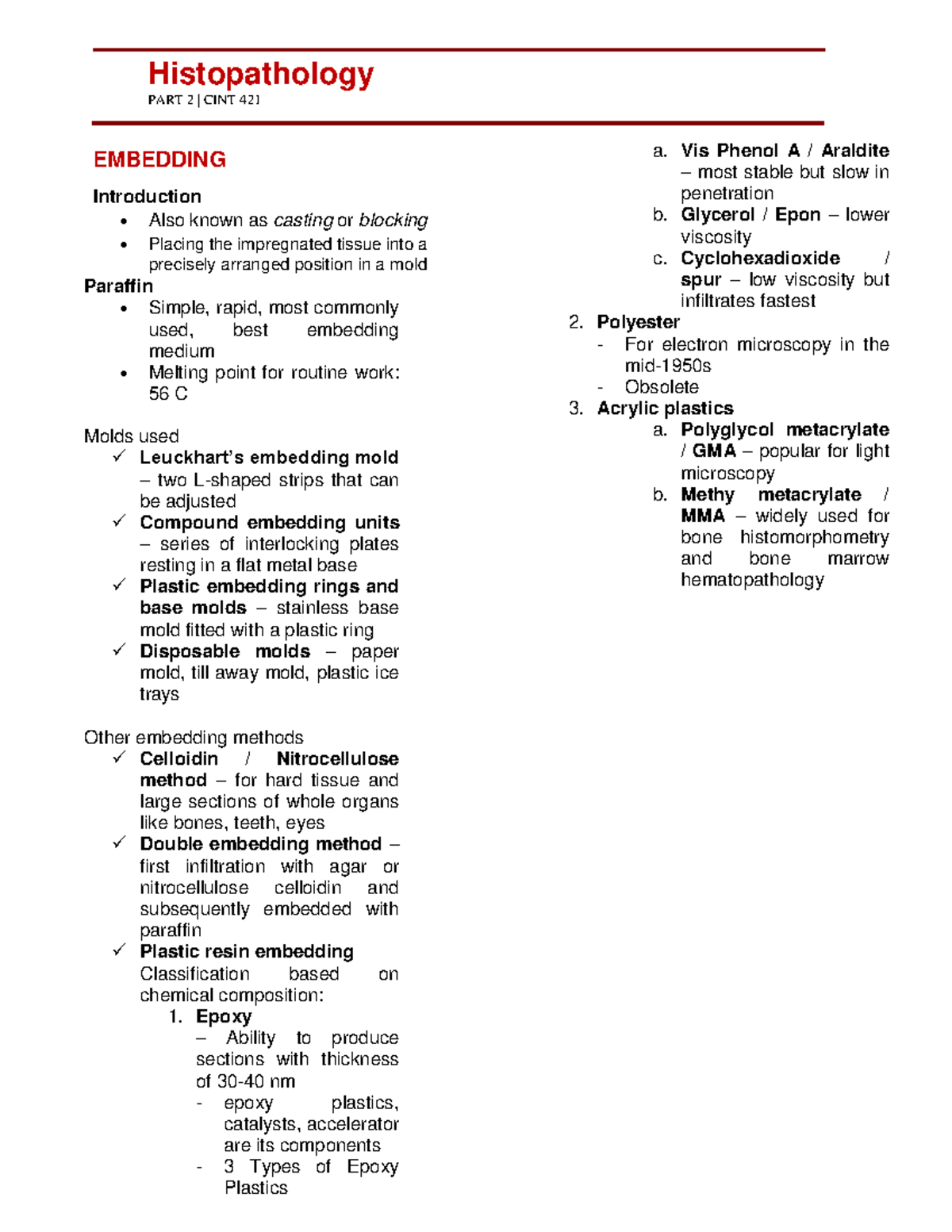 HPCT Reviewer PART 2 - Histopathology PART 2 | CINT 421 EMBEDDING ...