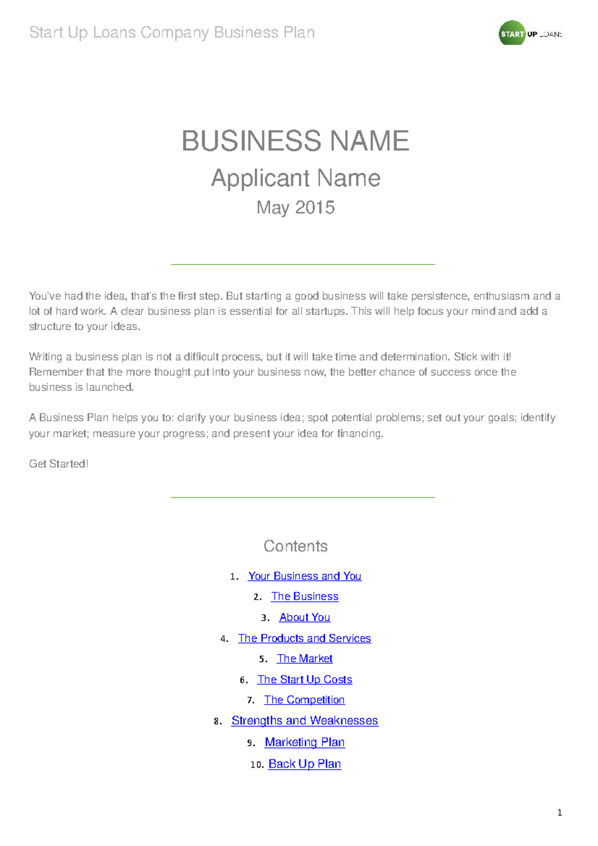 Start Up Loans Business Plan Template - Start Up Loans Company Business ...