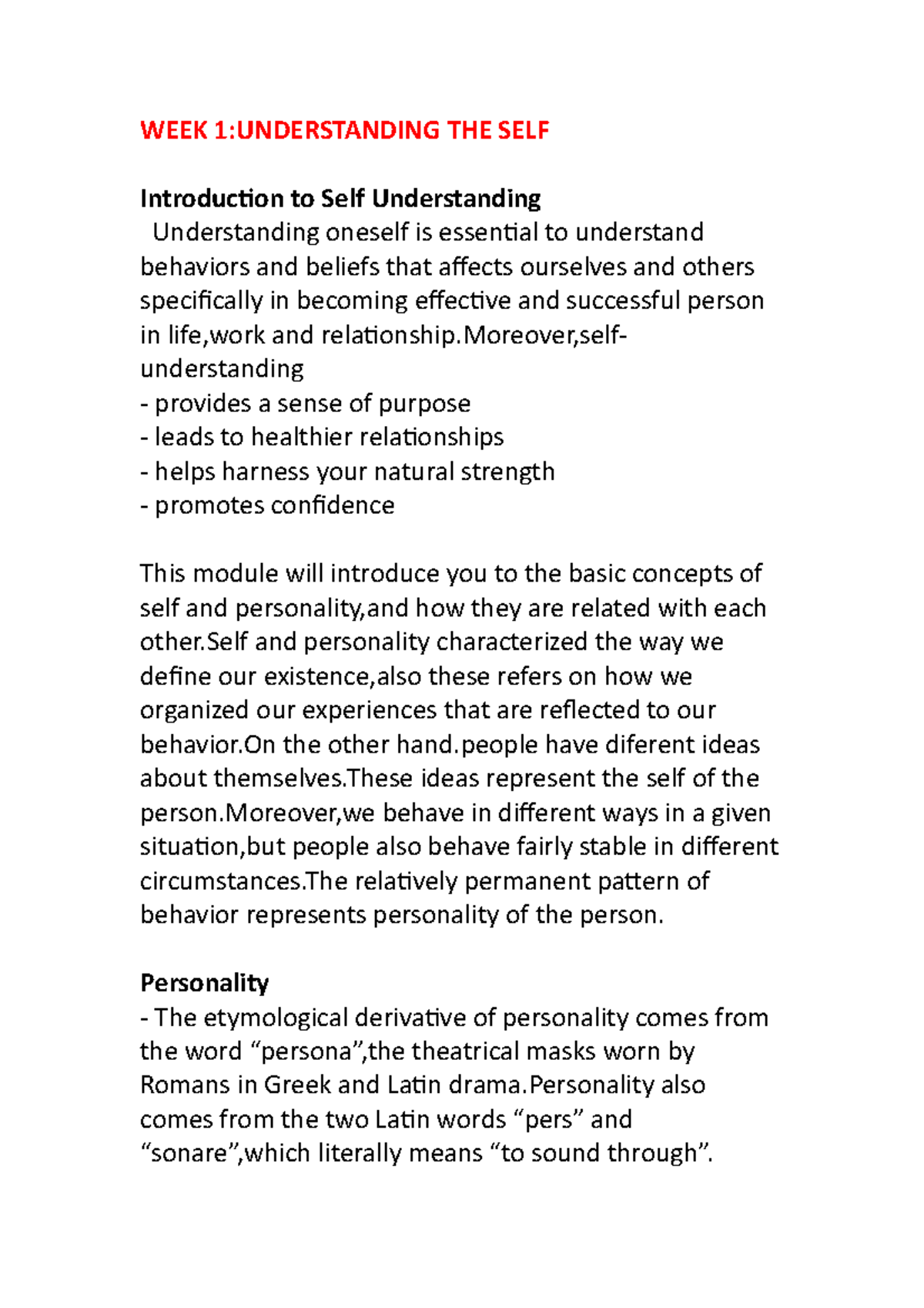 WEEK 1 Understanding the Self - WEEK 1:UNDERSTANDING THE SELF Introduction to Self Understanding ...