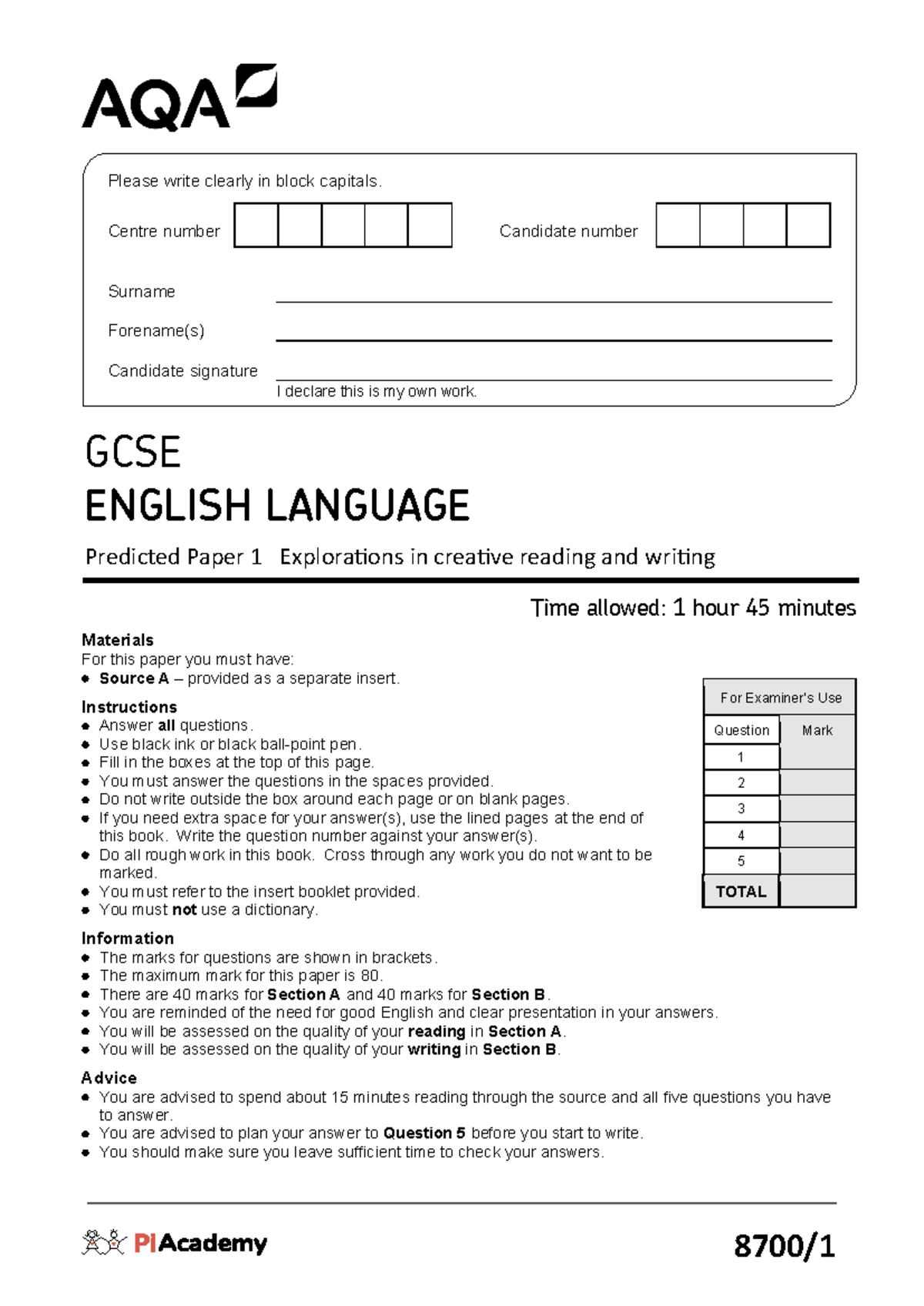 Model 65/80 English language paper without question 4 AQA - 8700 ...