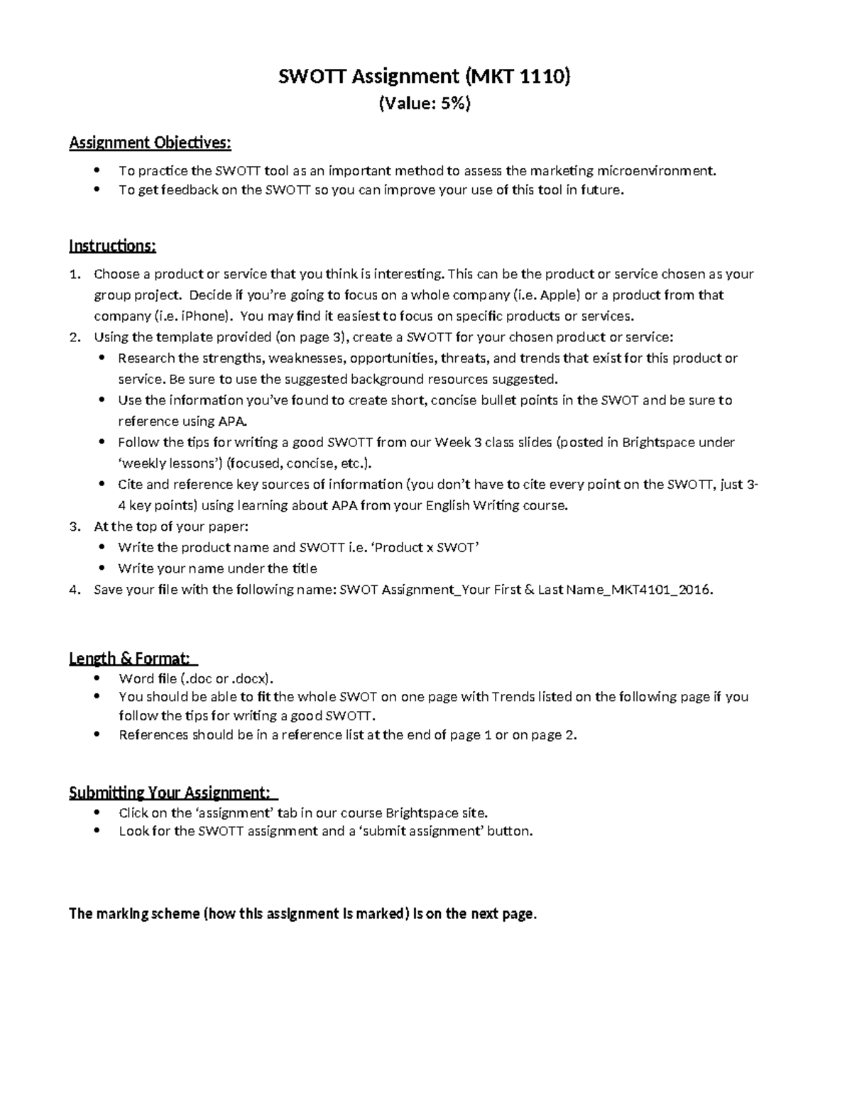 Swott Assignment MKT1110 - SWOTT Assignment (MKT 1110) (Value: 5% ...