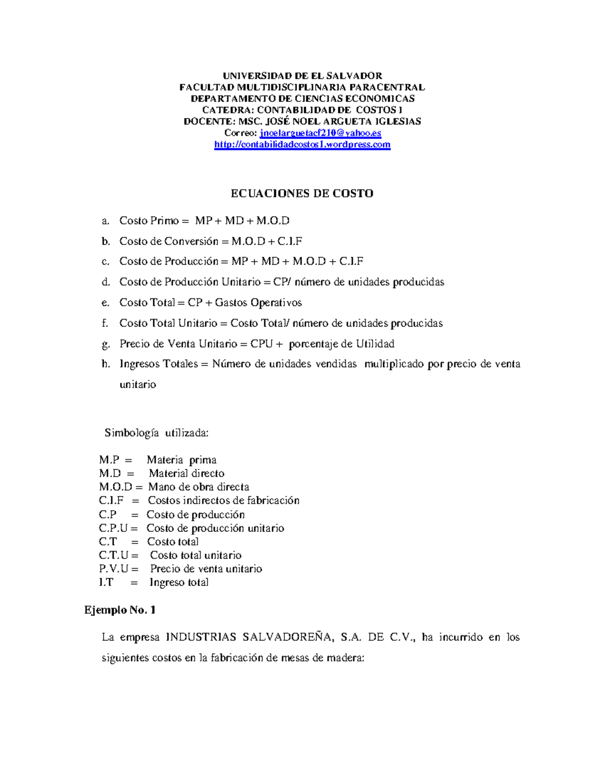 Ecuaciones de costo material completo a entregar - UNIVERSIDAD DE EL ...