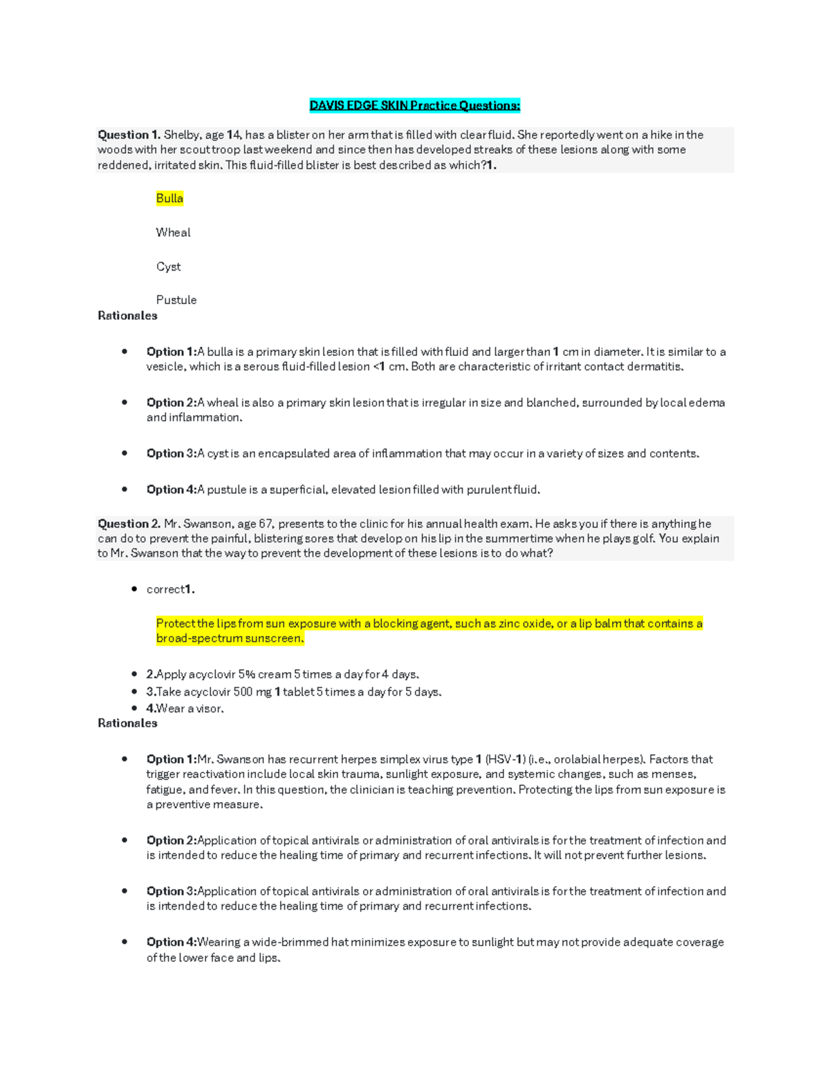 Davis EDGE SKIN Practice Questions - DAVIS EDGE SKIN Practice Questions ...