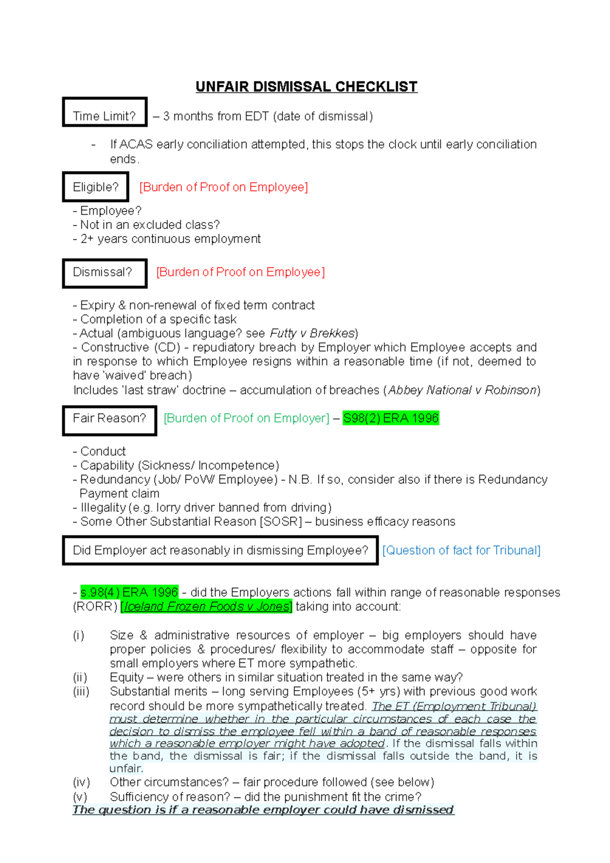 Unfair Dismissal Checklist - UNFAIR DISMISSAL CHECKLIST Time Limit? – 3 ...
