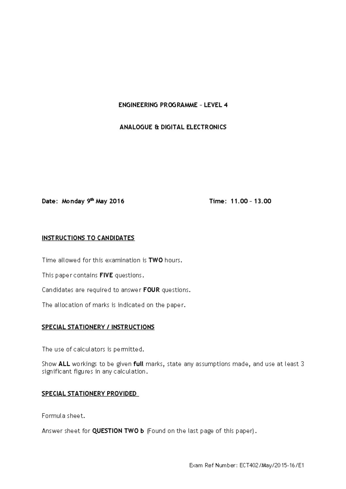 Exam 2015, questions - ENGINEERING PROGRAMME – LEVEL 4 ANALOGUE &amp ...