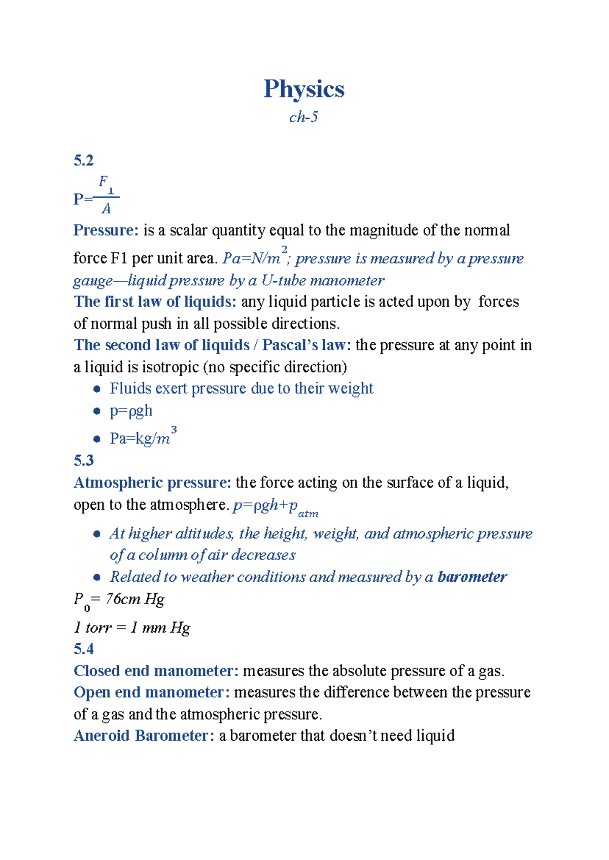 Ch-5 - Physics notes from school book - Physics ch- 5. P= 𝐹 ⊥ 𝐴 ...