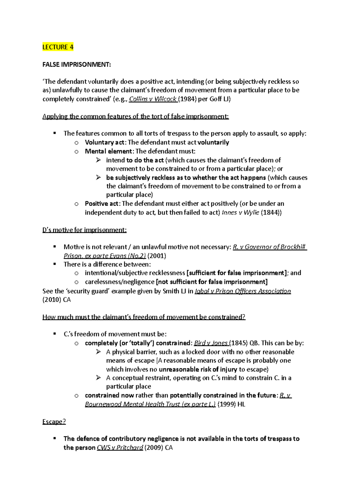 Lecture 4 false imprisonment - LECTURE 4 FALSE IMPRISONMENT: ‘The ...