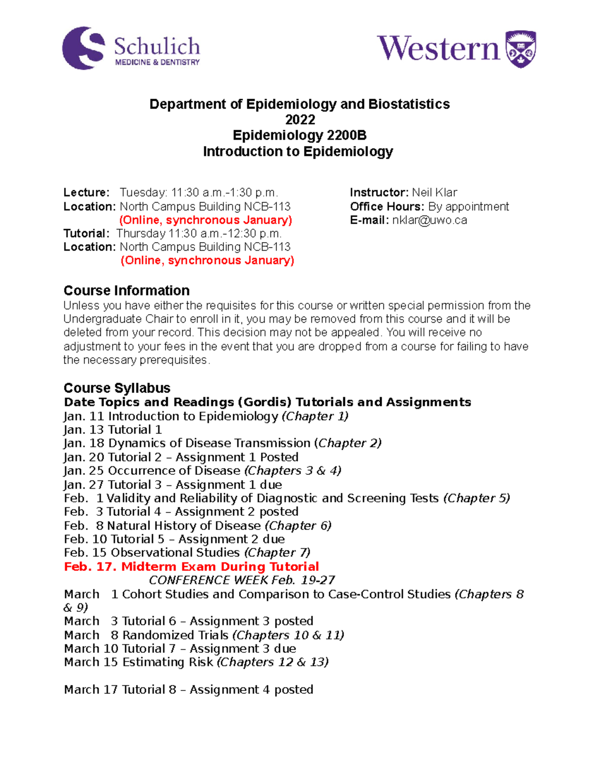 Course Outline 2022 2200B Epidimeology - Department of Epidemiology and ...