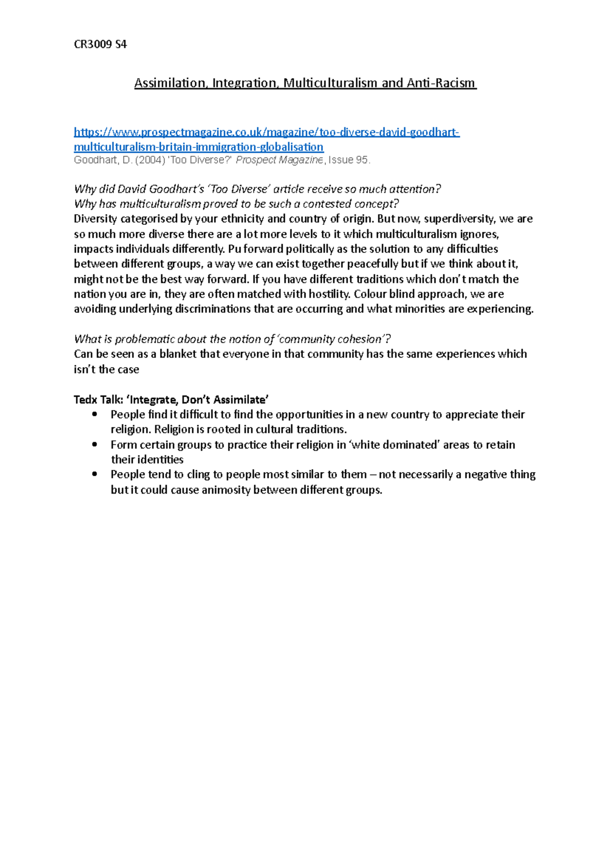 Seminar 4 Assimilation, multiculturalism - CR3009 S Assimilation ...