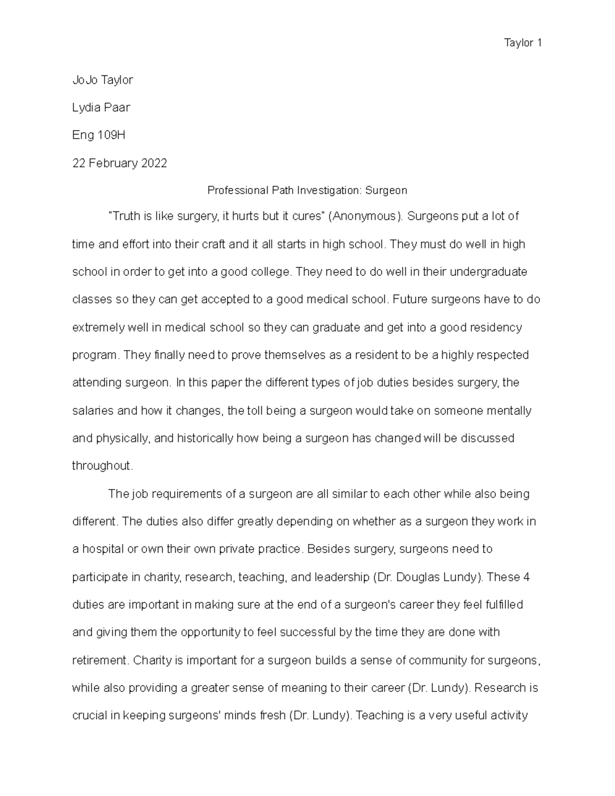 Major Project #1 - JoJo Taylor Lydia Paar Eng 109H 22 February 2022 ...