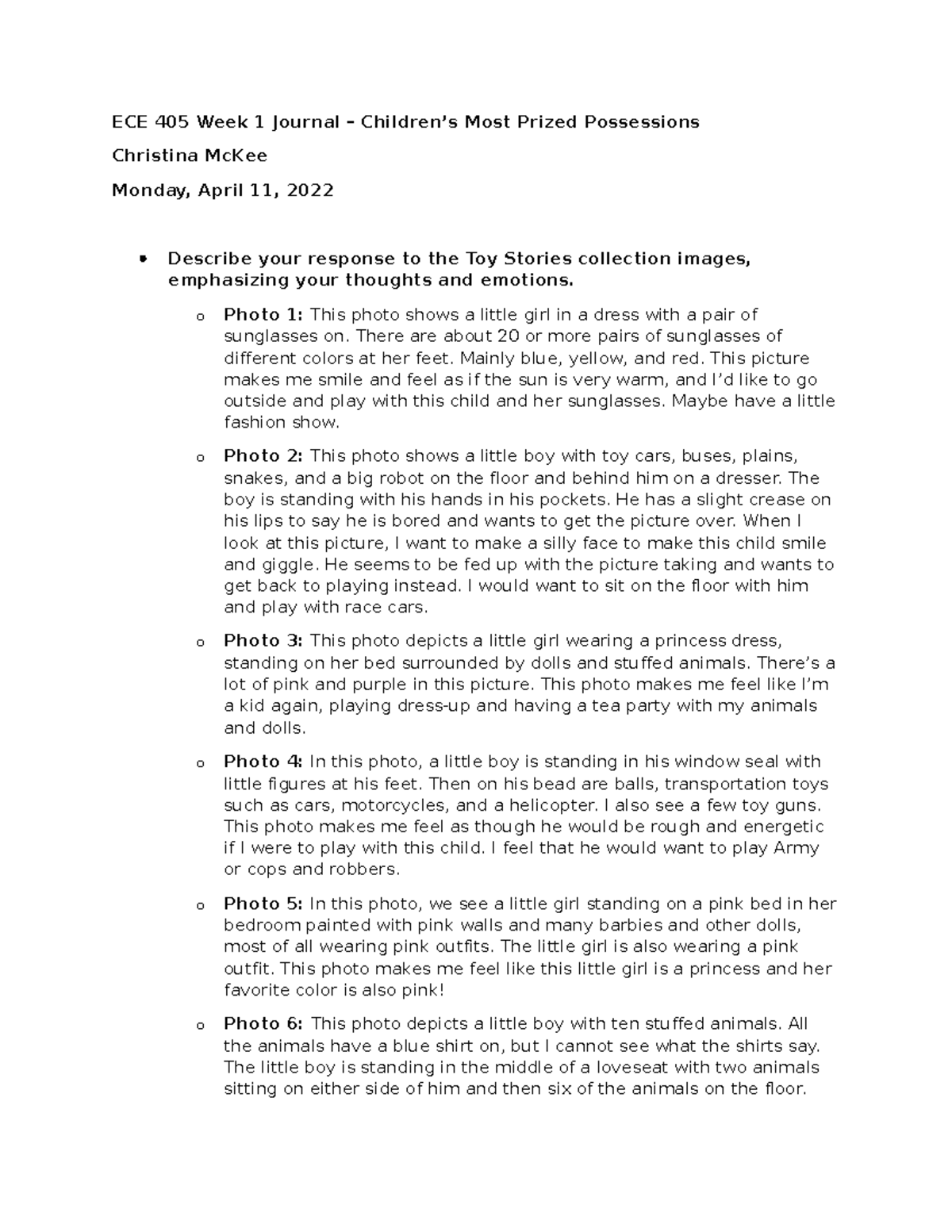 ECE 405 Week 1 Journal Childrens most prized pssessions - GEN 499 ...