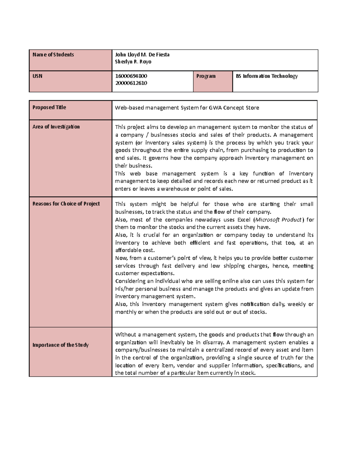 Title Proposal # 1 - Name of Students John Lloyd M. De Fiesta Sherlyn R ...