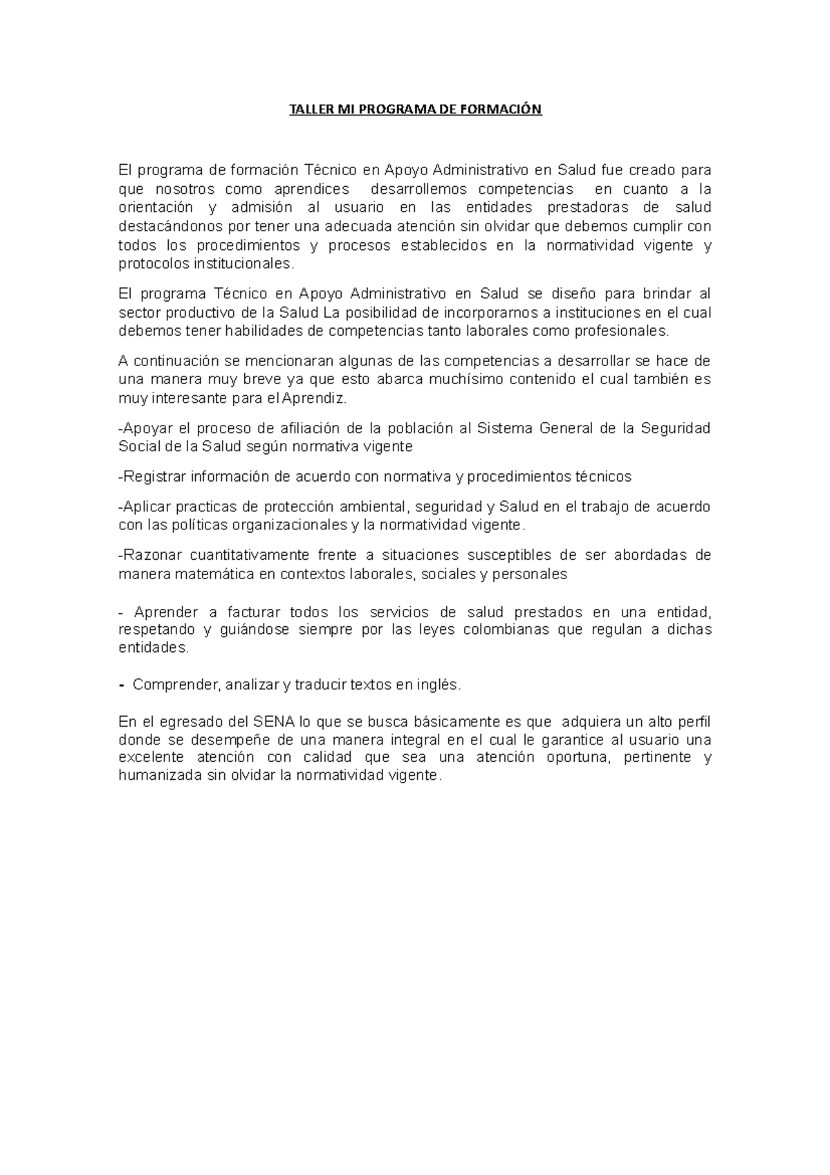 Taller mi programa de formación - TALLER MI PROGRAMA DE FORMACIÓN El programa de formación ...