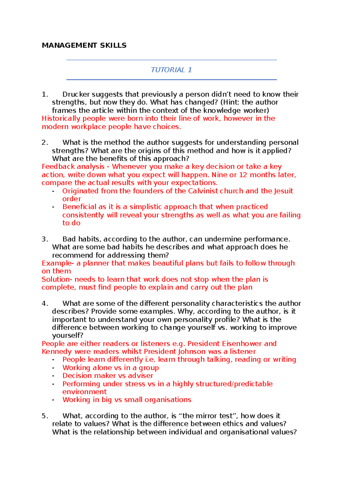 Management Skills Lecture Notes Management Skills Tutorial 1 Drucker Suggests That