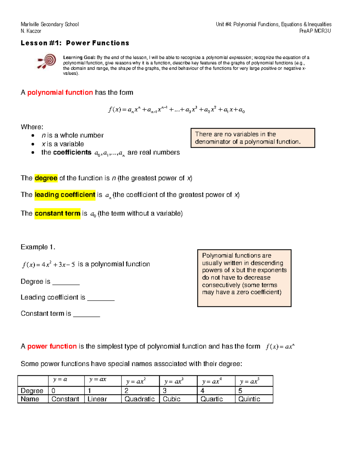 Lesson #1 - Power Functions - Learning Goal:polynomial function, give ...
