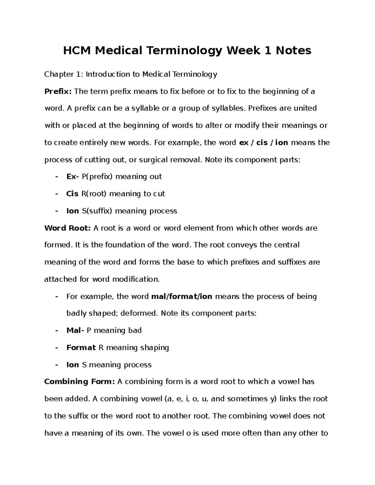 HCM Medical Terminology Week 1 Notes - A prefix can be a syllable or a ...