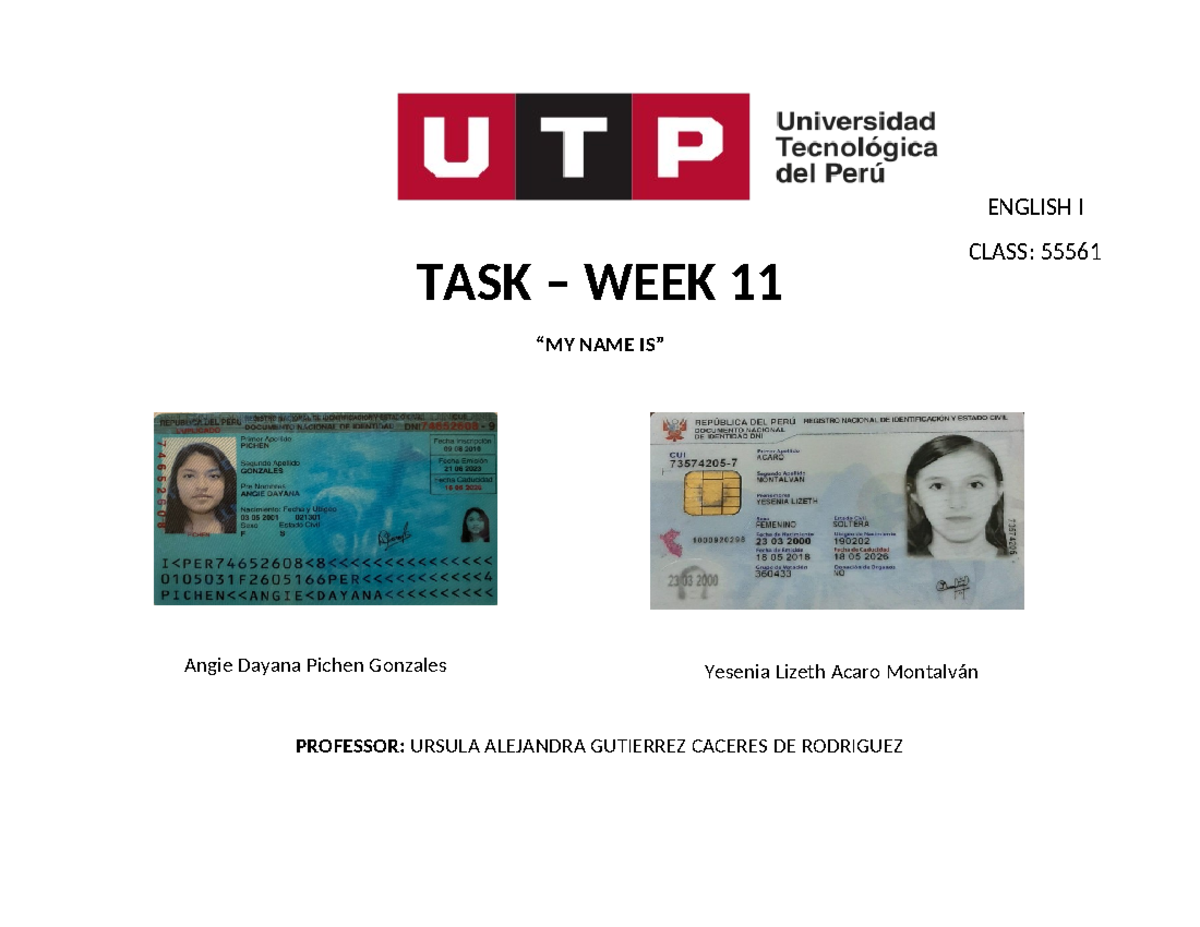Actividad 11 Ingles - resuelto - ingles, tarea - TASK – WEEK 11 “MY NAME IS” Angie Dayana Pichen ...