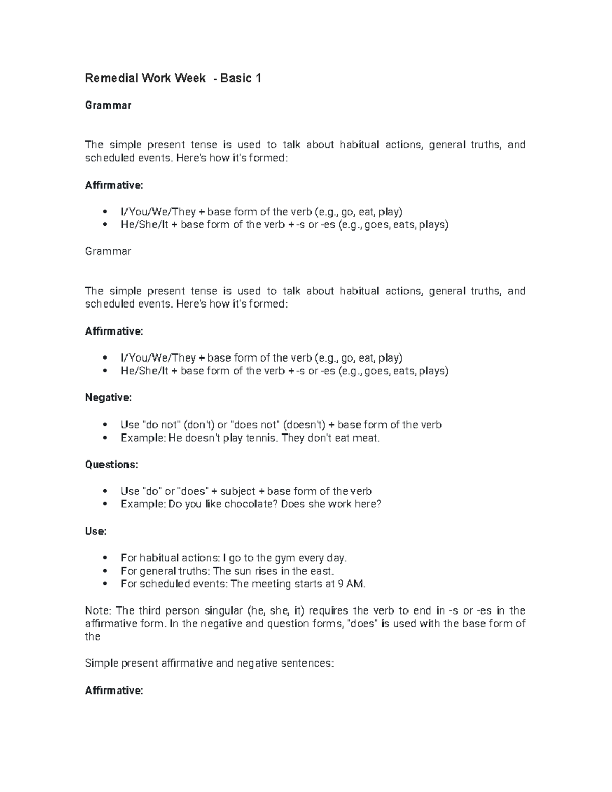 Grammar and Exercises - Remedial Work Week - Basic 1 Grammar The simple ...