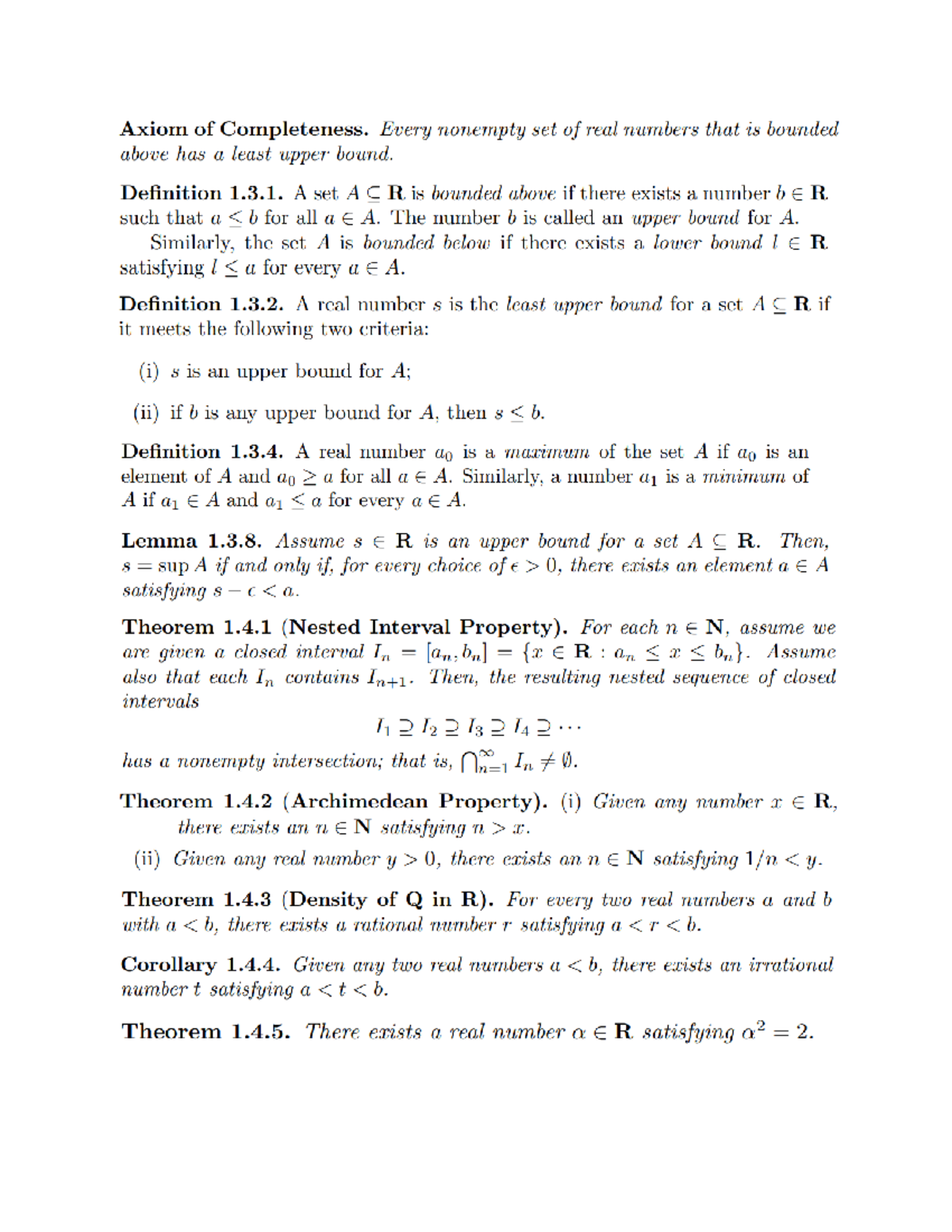 Analysis Definitions and Theorems - Studeersnel