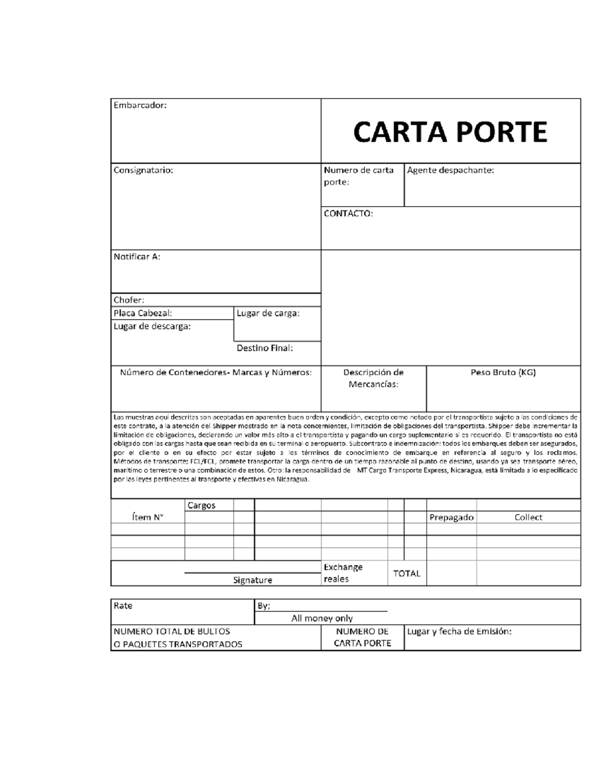Carta porte - Embarcador: CARTA PORTE Consignatario: Numero de carta ...