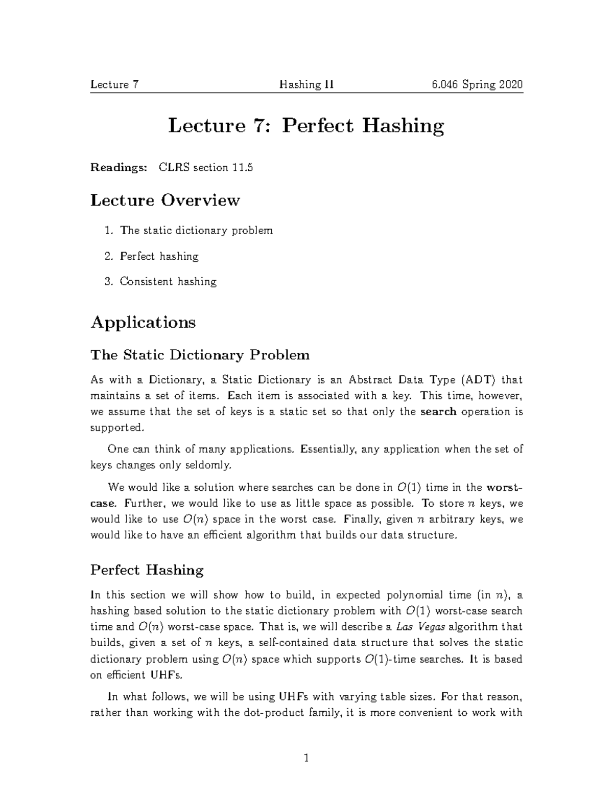 Summary Lecture 07 Lecture 7 Perfect Hashing Readings Clrs Section 11 Lecture Overview The