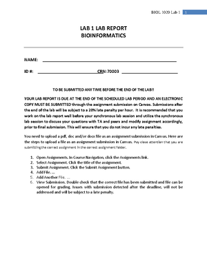 Lab 2 Lab Assignment - BIOL 1020U - Laboratory # 2 Lab Report: Name: ID #: CRN#: Your - Studocu