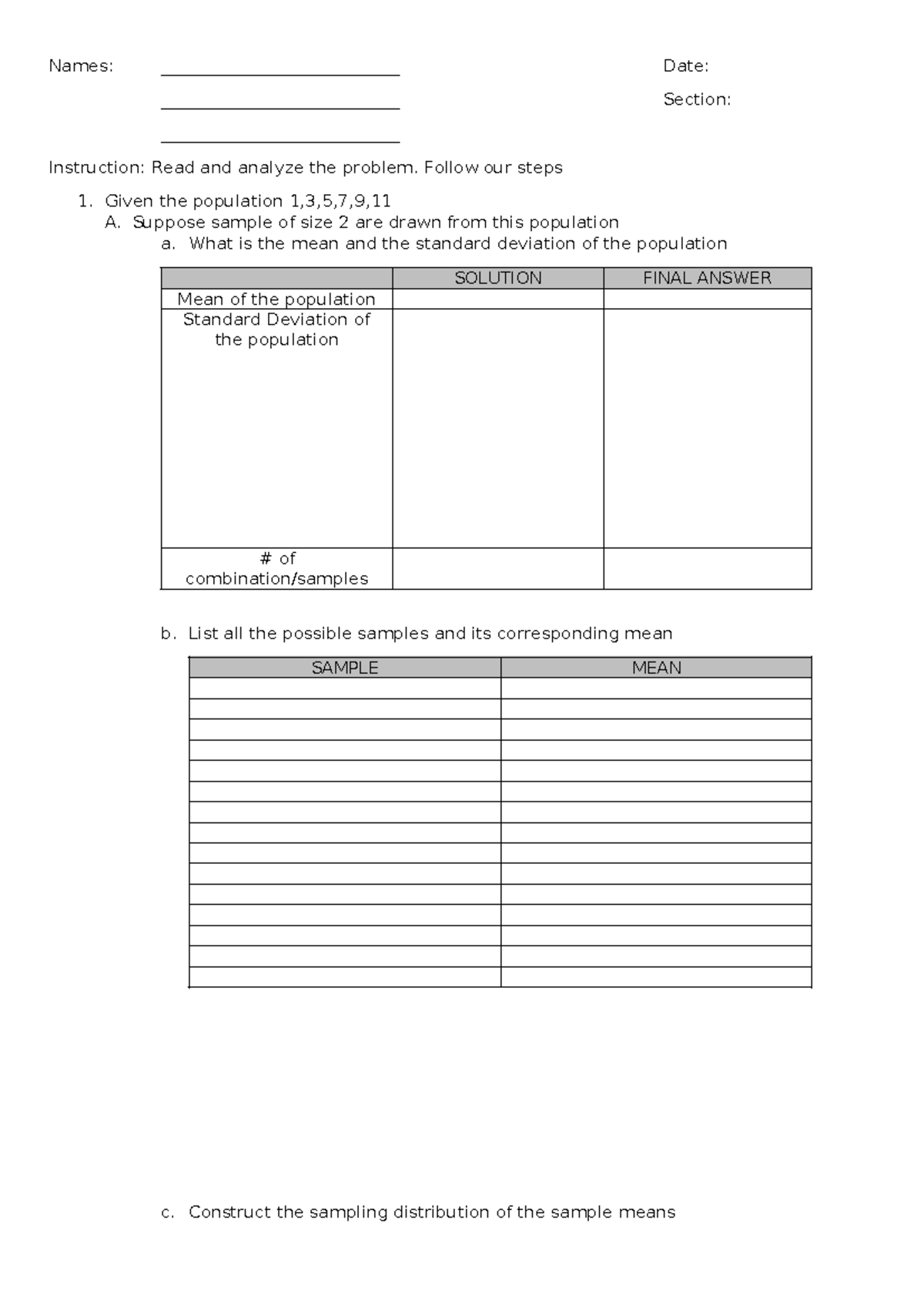 Sampling Distribution - Names: ____________________________ Date