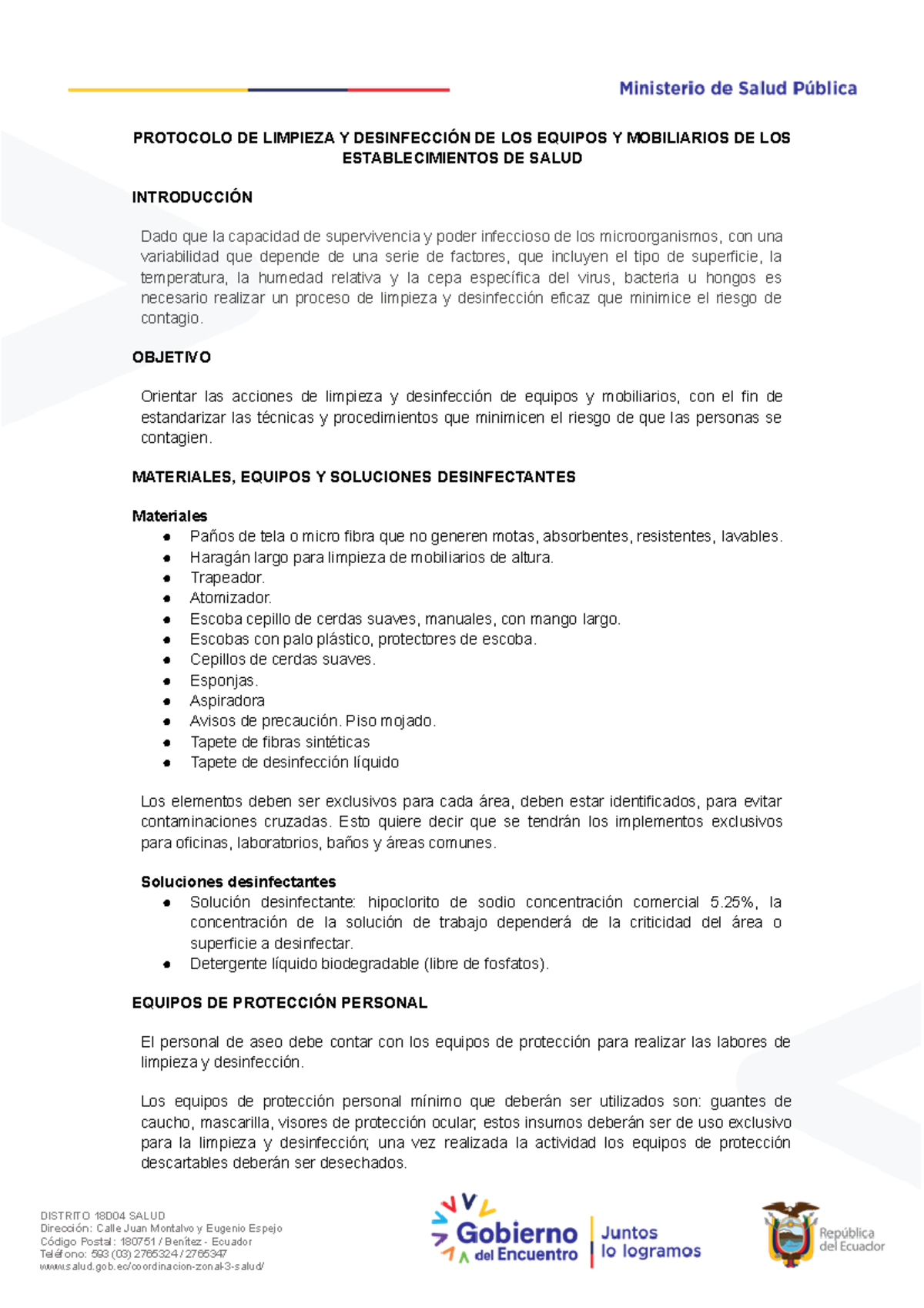 Protocolo DE Limpieza Y Desinfección DE LOS Equipos Y Mobiliarios DE LOS Establecimientos DE ...