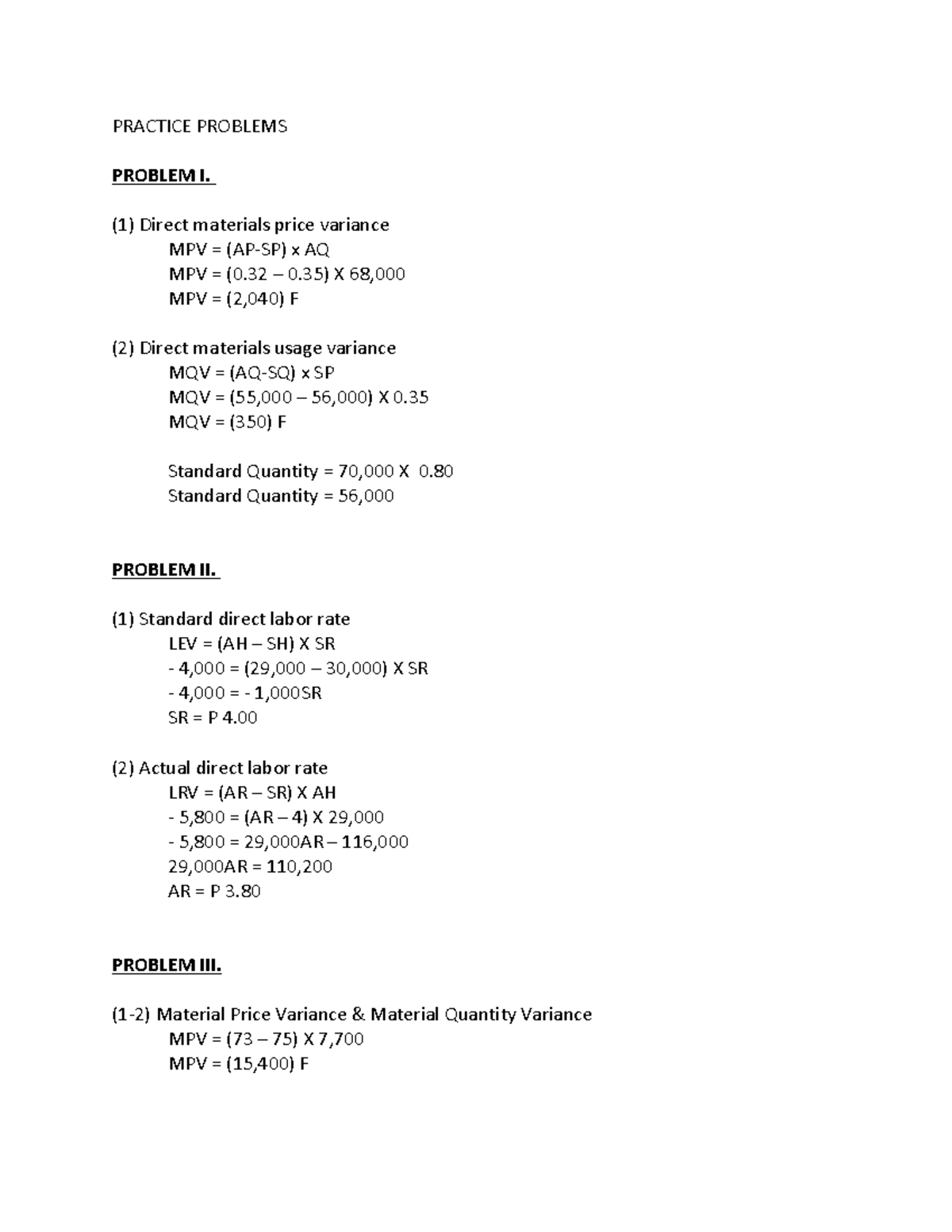 Practice Problem answer - PRACTICE PROBLEMS PROBLEM I. (1) Direct ...