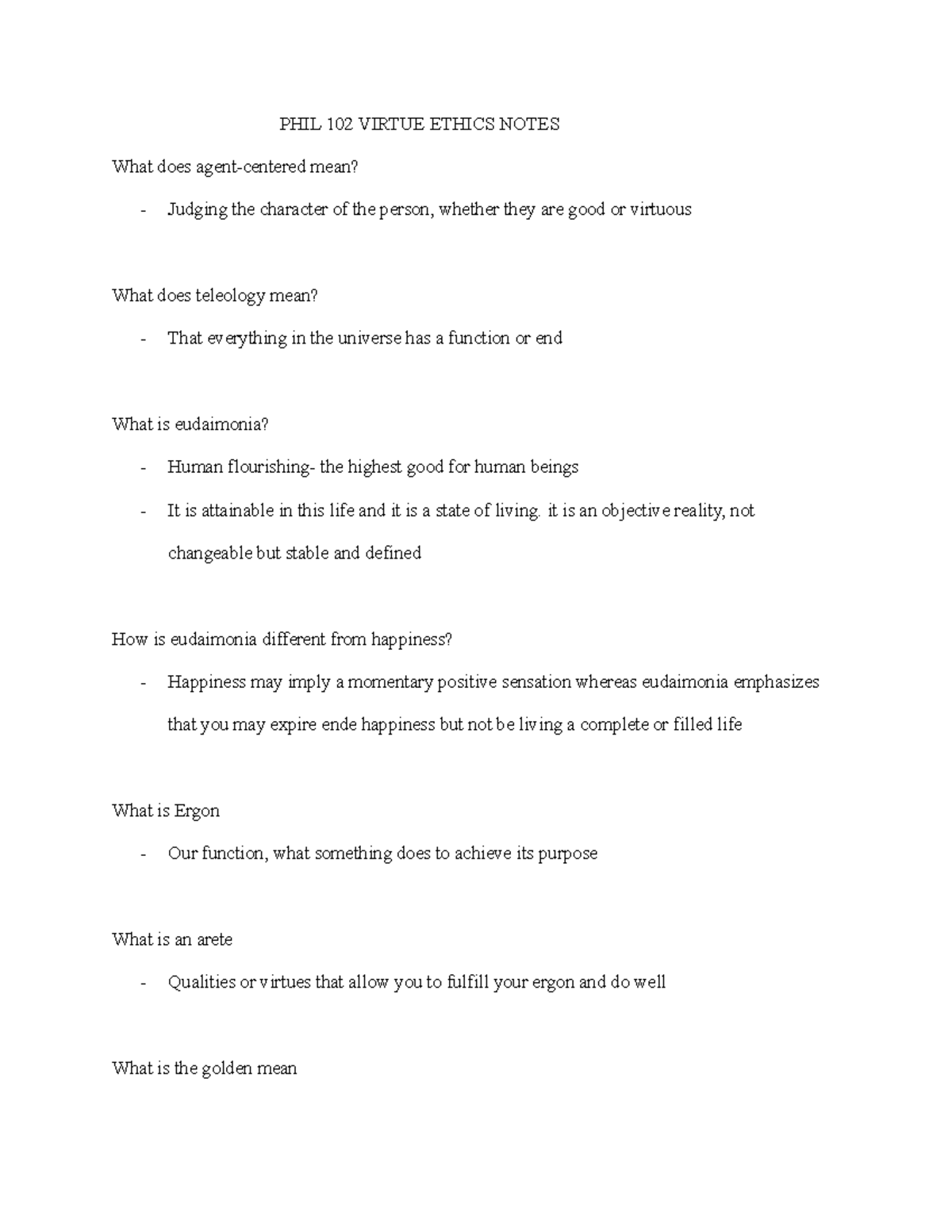 PHIL 102 Virtue Ethics Notes - PHIL 102 VIRTUE ETHICS NOTES What does ...