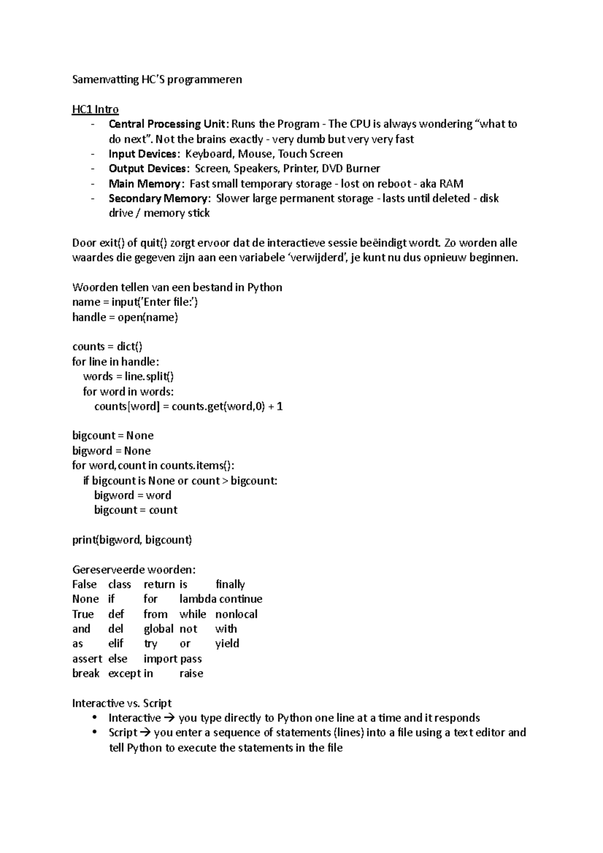 Samenvatting HC's programmeren - Samenvatting HC’S programmeren HC1 Intro - Central Processing ...