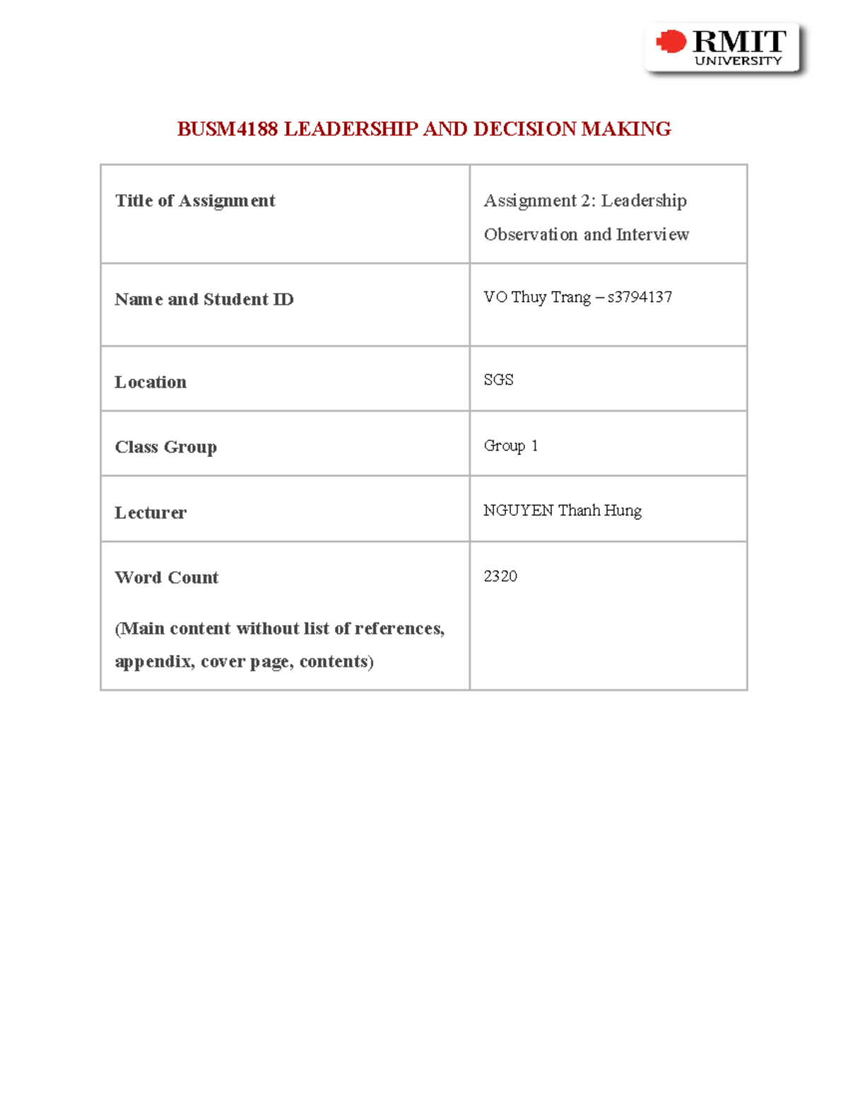 Sample Leadership ASM 2 - BUSM4188 LEADERSHIP AND DECISION MAKING Title ...
