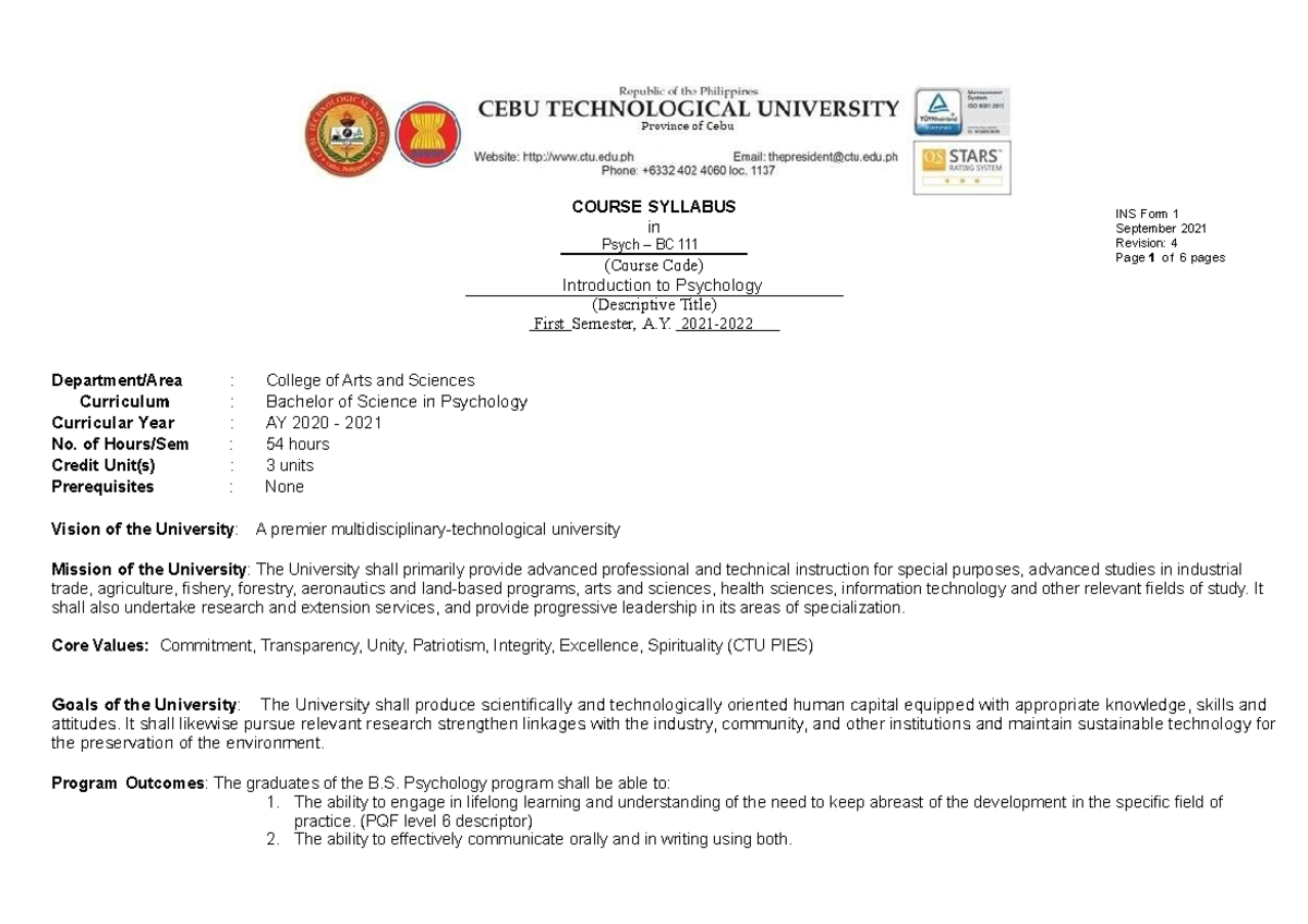 Introduction TO Psychology 2021 - COURSE SYLLABUS in Psych – BC 111 ...