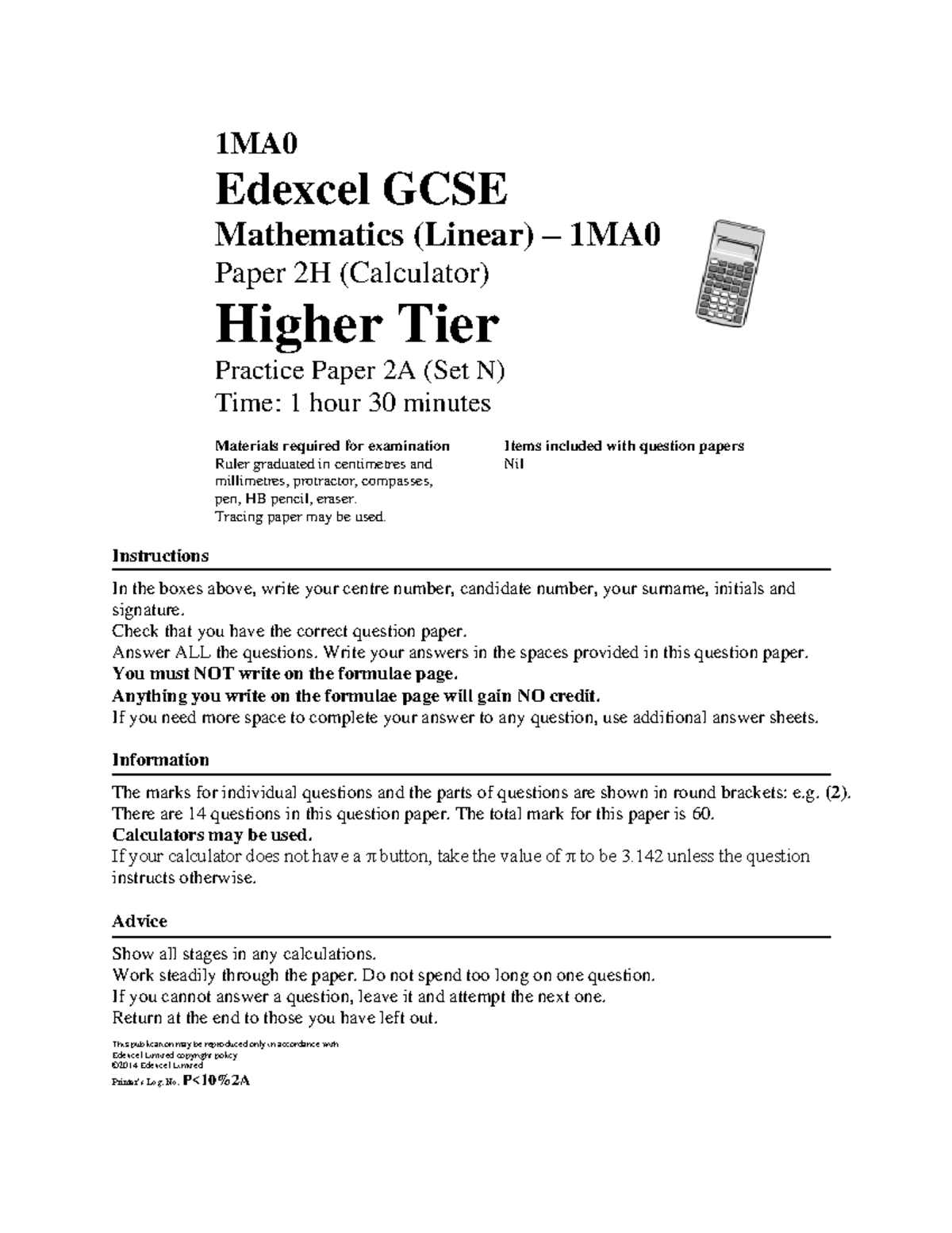 Hard calc qs 1b - 1MA Edexcel GCSE Mathematics (Linear) – 1MA Paper 2H ...