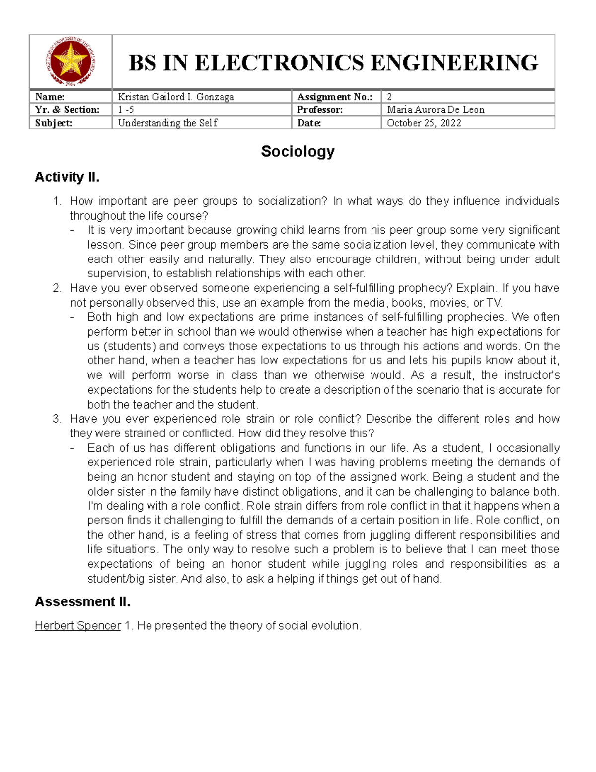 Sociology assignment - BS IN ELECTRONICS ENGINEERING Name: Yr. Section ...