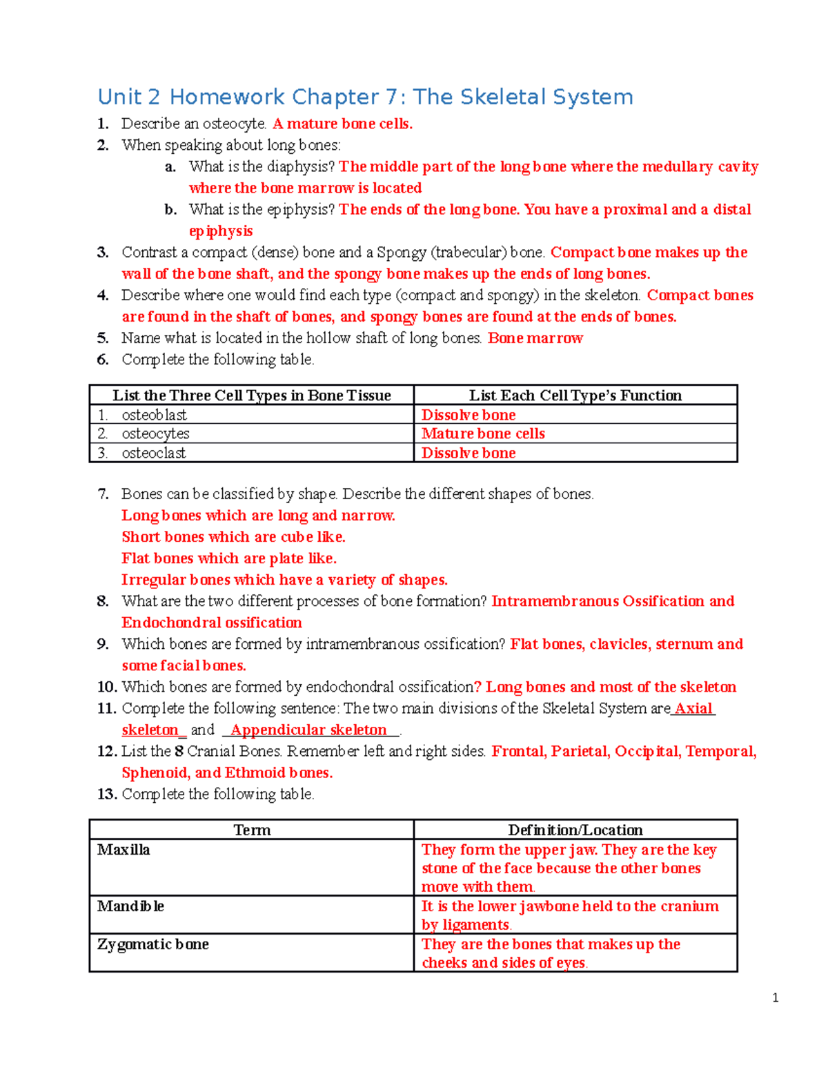 unit 2 skeletal system - Unit 2 Homework Chapter 7: The Skeletal System ...