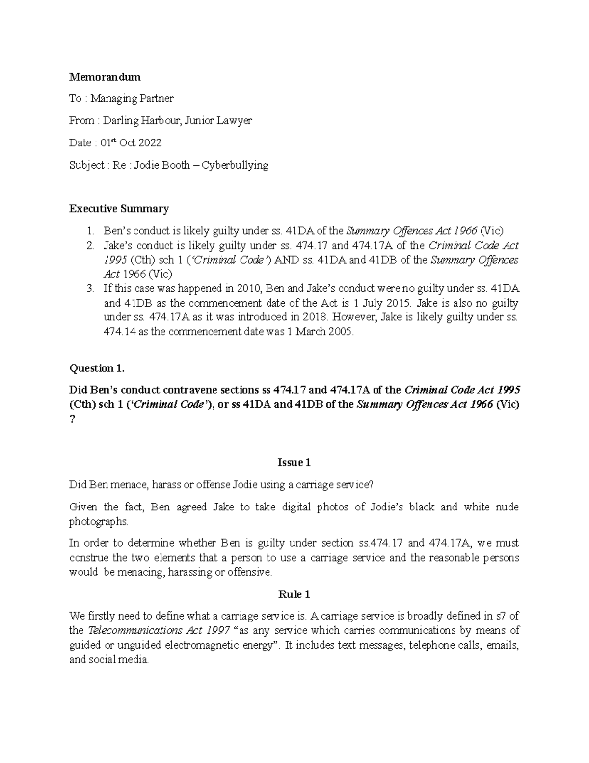 Memorandum Assignment - Memorandum To : Managing Partner From : Darling ...