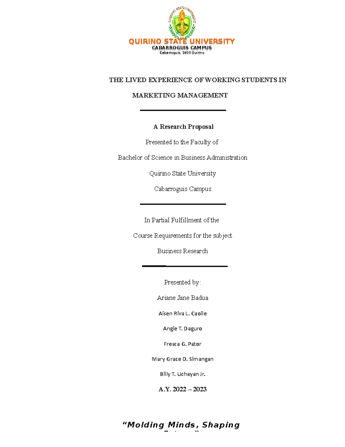 Lived Experience OF Working Students - QUIRINO STATE UNIVERSITY ...
