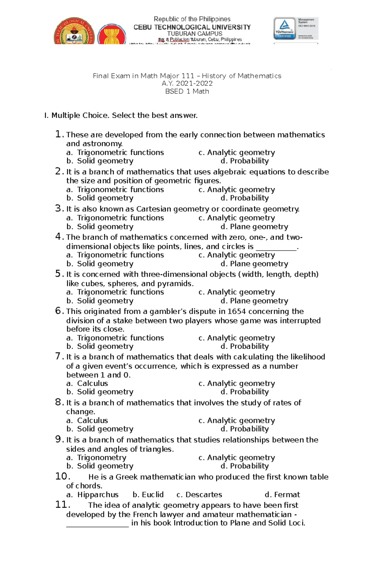 2021Final Exam Math Mjr 111 - Final Exam in Math Major 111 – History of Mathematics A. 2021 ...