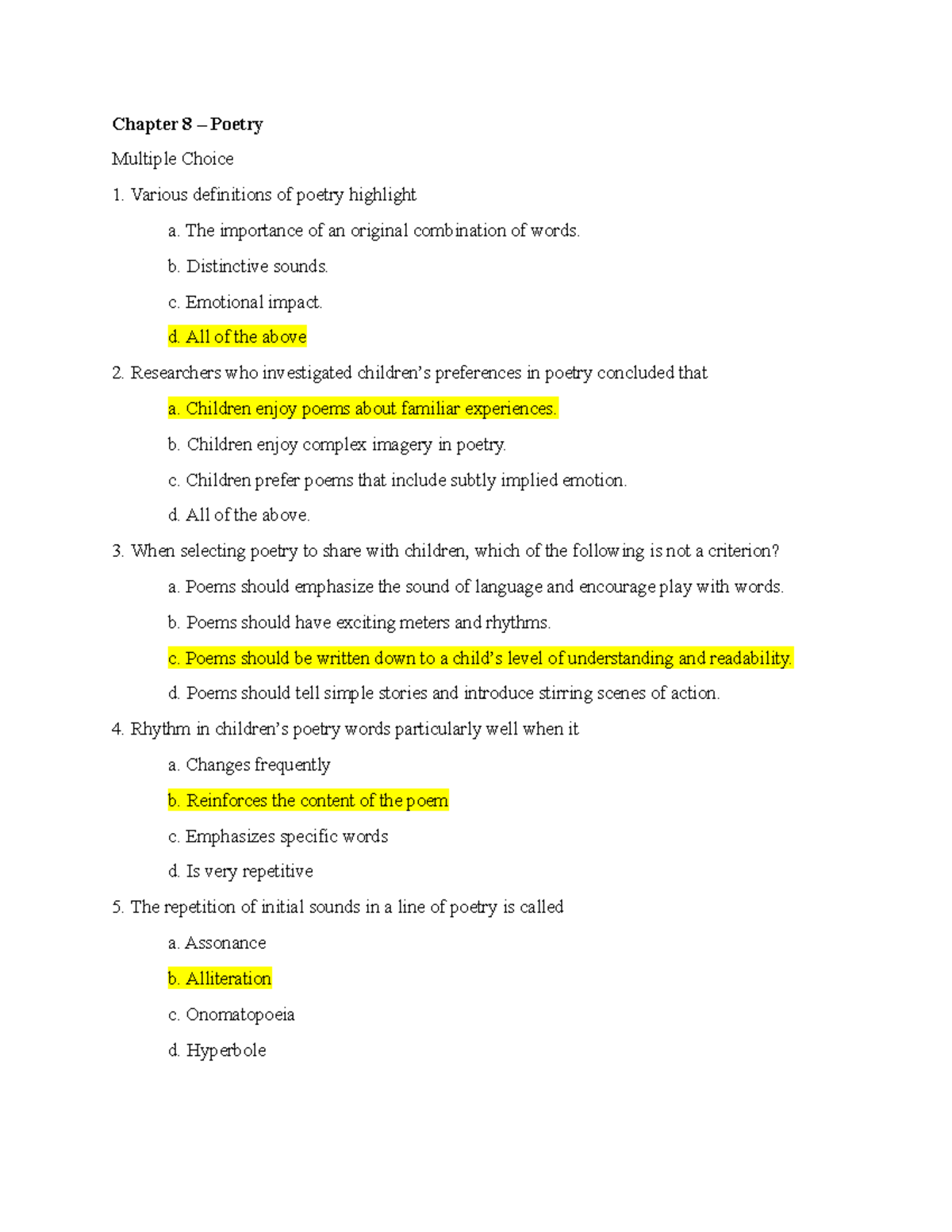 ENG 250 Chapter 8 - hd od d dd - Chapter 8 – Poetry Multiple Choice ...