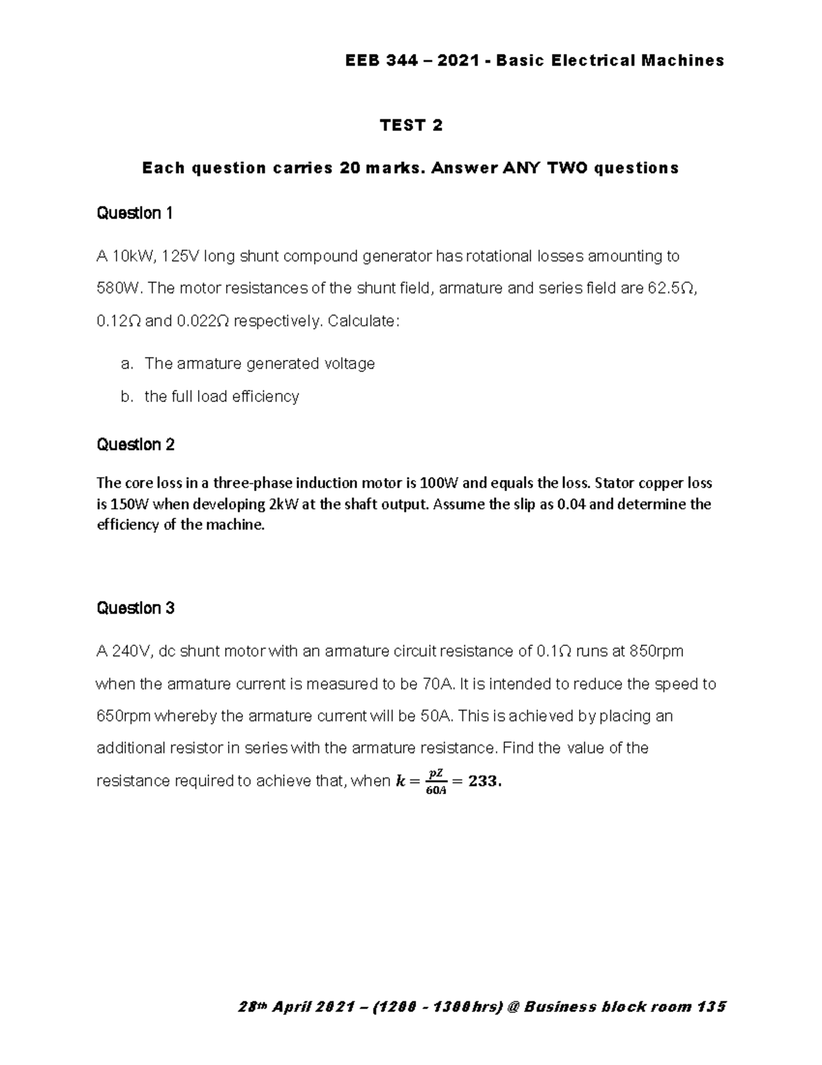EEB 344 - 2021 - Test 2 - EEB 344 – 2021 - Basic Electrical Machines 28 ...