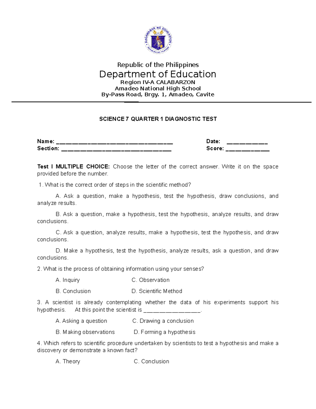Science 7 Quarter 1 Diagnostic TEST - Department of Education Region IV ...
