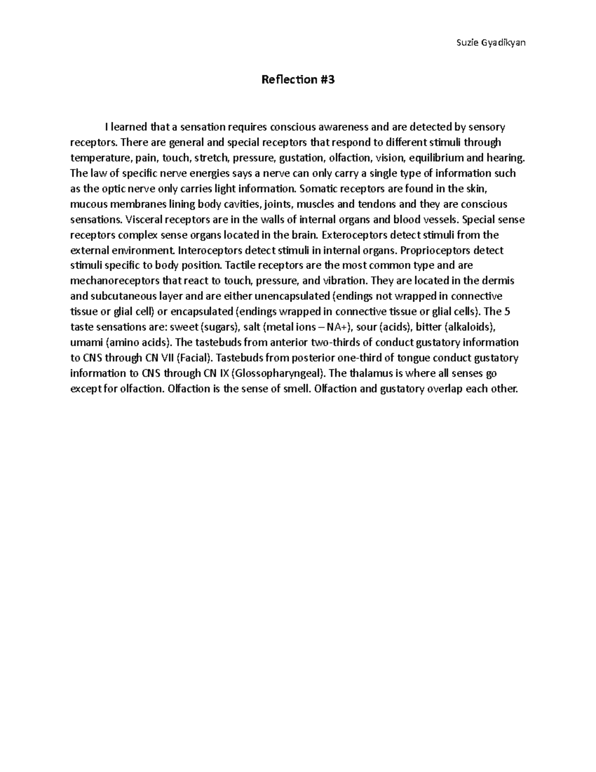 Reflection #3 - Suzie Gyadikyan Reflection I learned that a sensation ...