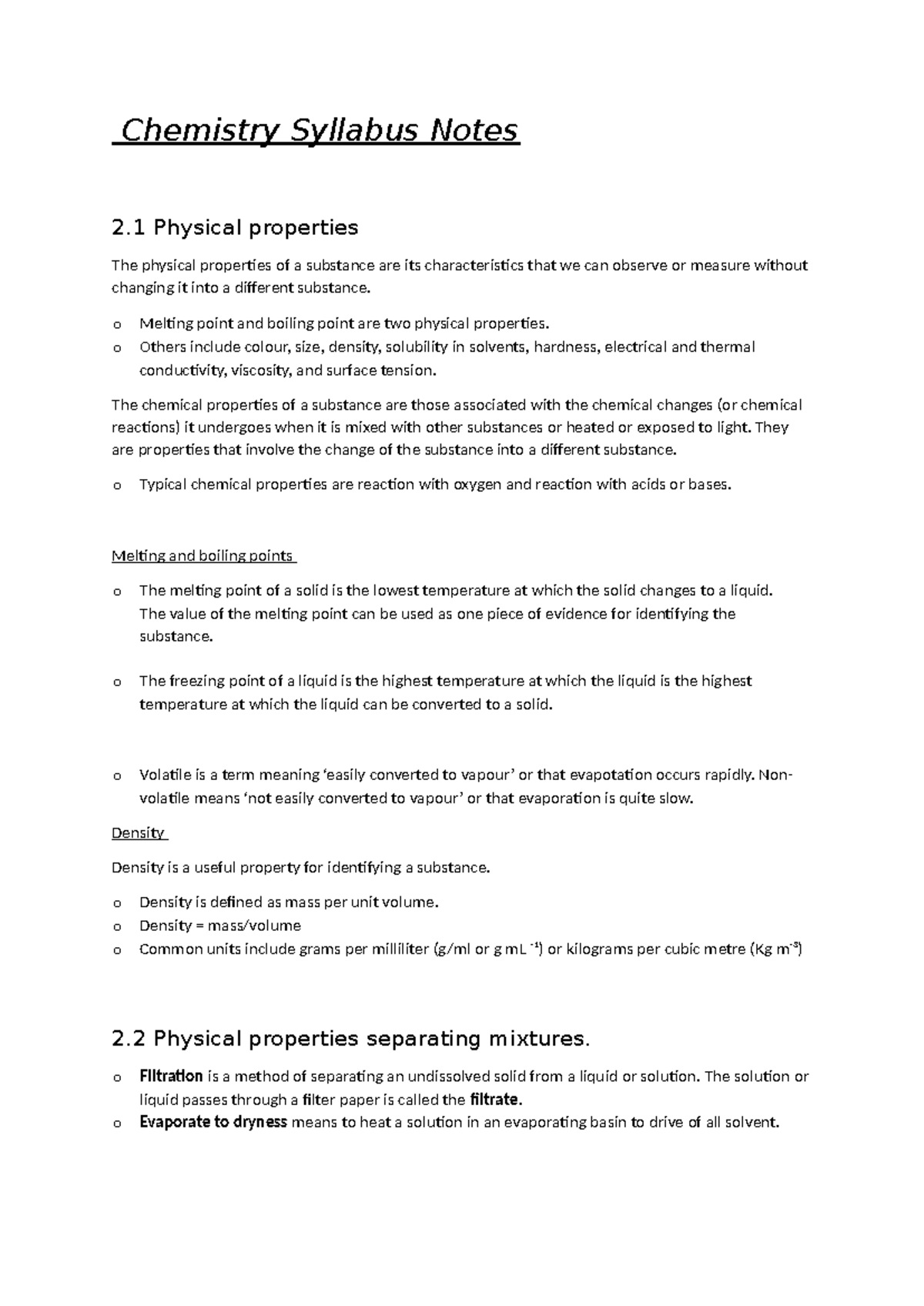 Chemistry Syllabus Notes - o Melting point and boiling point are two ...