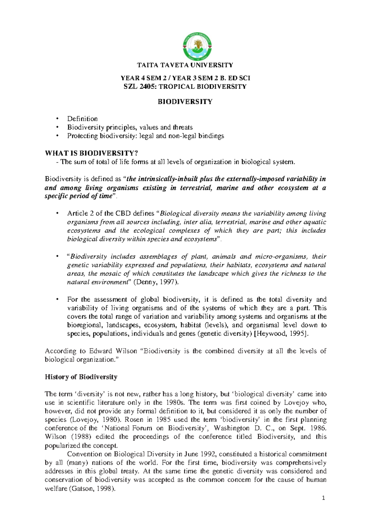 Biodiversity notes - TAITA TAVETA UNIVERSITY YEAR 4 SEM 2 / YEAR 3 SEM ...