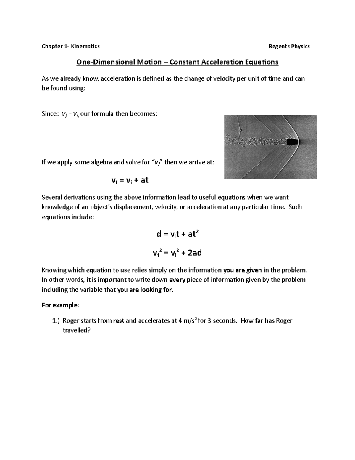Kinematics notes 5 - constant acceleration - Chapter 1- Kinematics ...